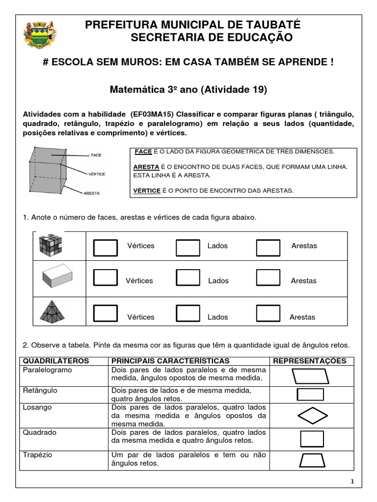 3ano MATEMüTICA Ativ19 Classificar e Comparar Figuras Planas | PDF ...