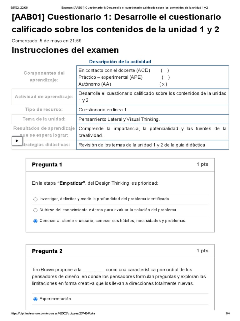 Examen - Cuestionario 1 | PDF | Creatividad | Pensamiento