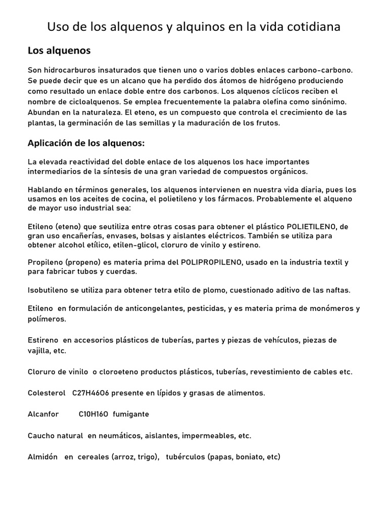 Uso de Los Alquenos y Alquinos en La Vida Cotidiana | PDF | Alqueno | Hidrocarburos