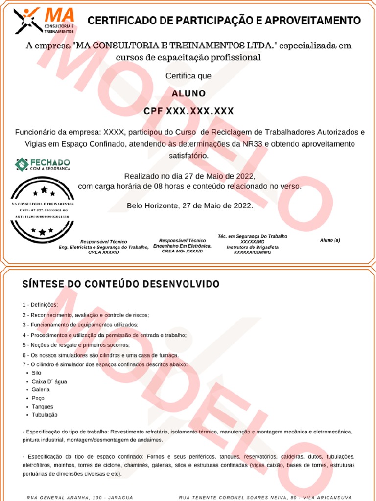 Modelo Certificado NR 33 PDF | PDF