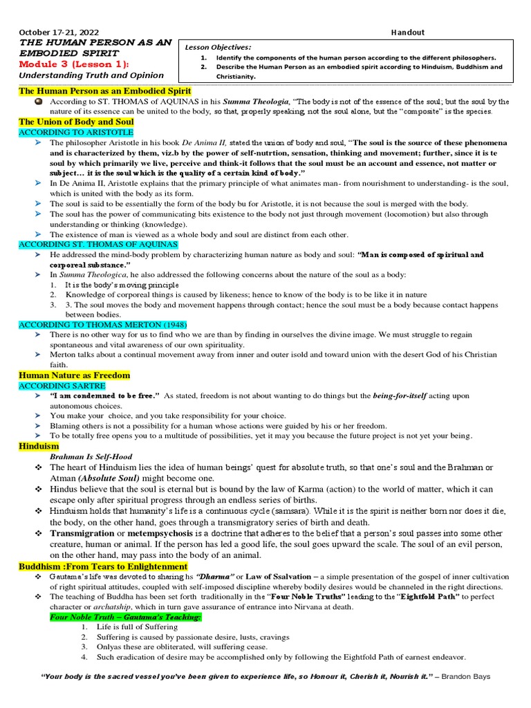 Module 3lesson 1 Handout | Download Free PDF | Soul | Four Noble Truths