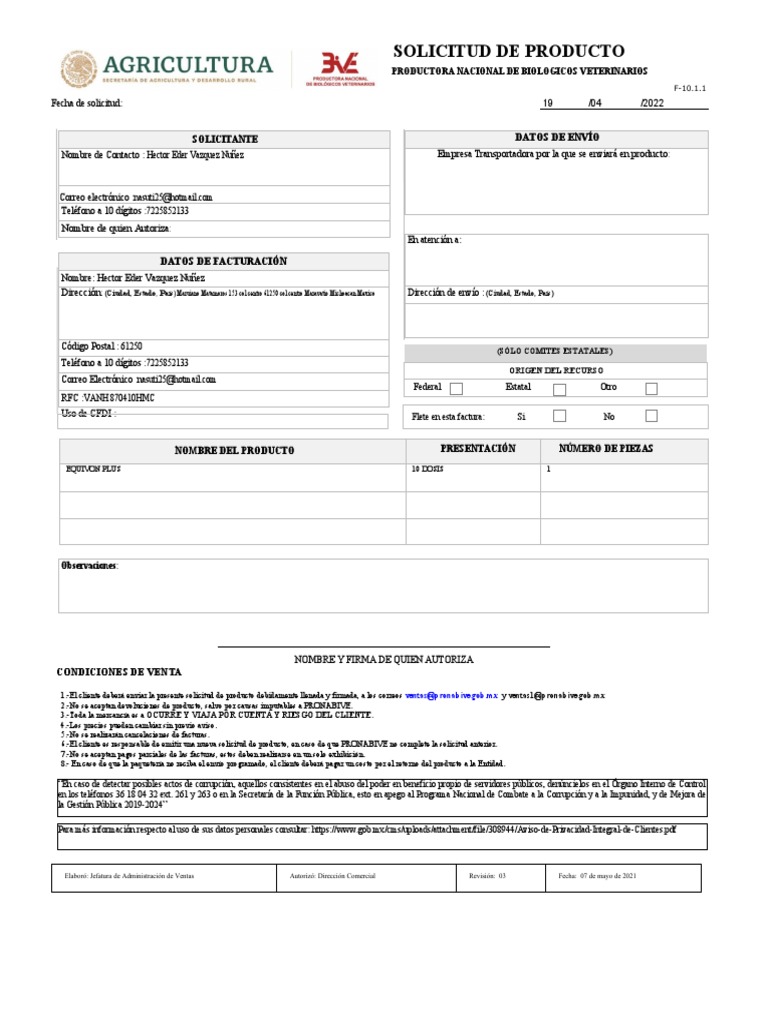 Formato de Solicitud de Producto 2021 | PDF