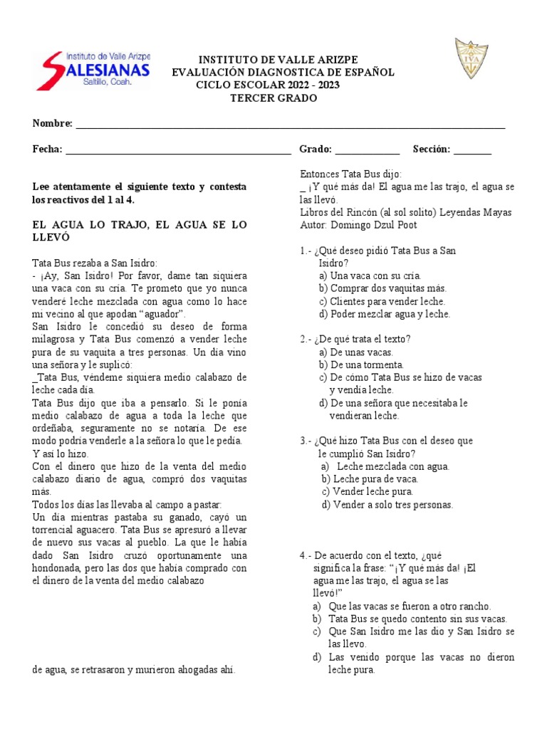 Examen de Diagnostico de Español 3° | PDF | Fábula | Gatos