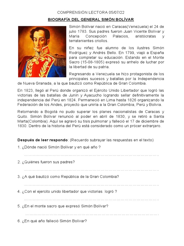 COMPRENSIÓN LECTORA Simón Bolivar | PDF