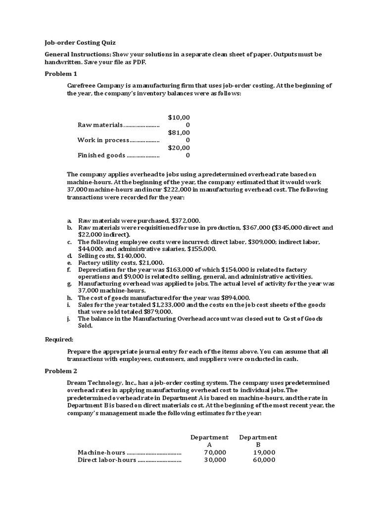 Acctg15 Job-Order Quiz | PDF | Inventory | Cost