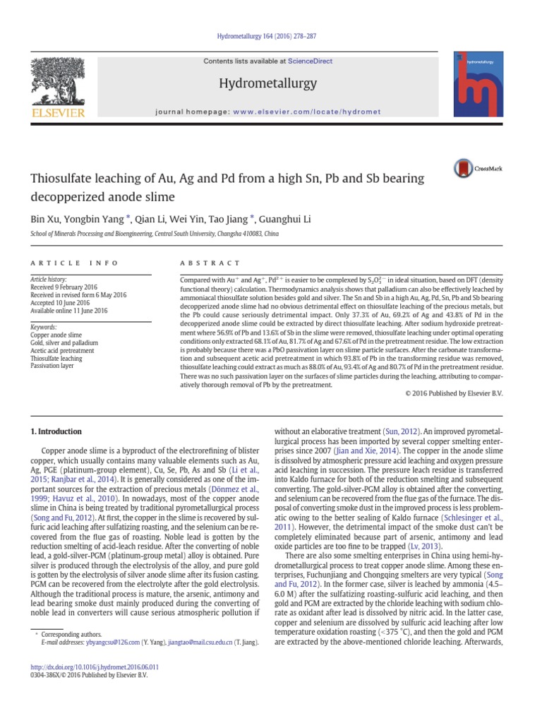 Thiosulfate Leaching of Au, Ag and PD From A High SN, PB and SB Bearing ...