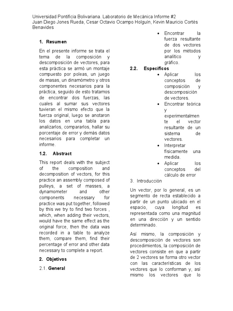 Informe 2 Composición Y Descomposición De Vectores Pdf Vector