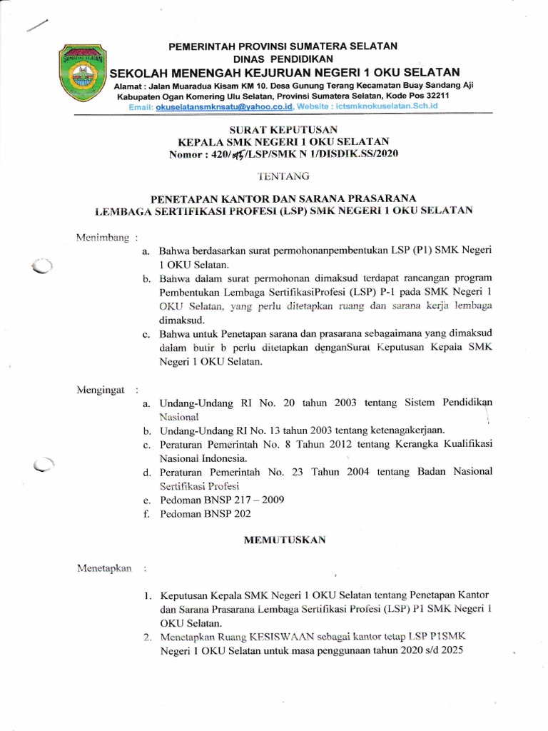 1 SK Penetapan Ruang Kantor Dan Sarana LSP | PDF