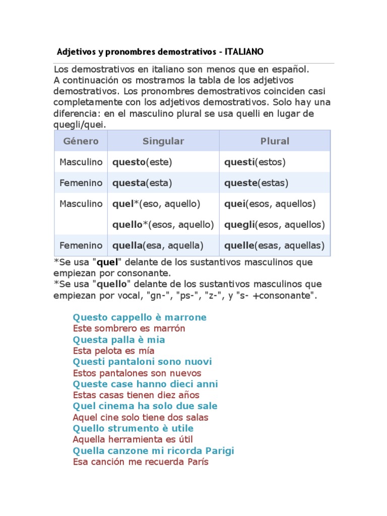 Pronombres demostrativos-ITALIANO | PDF | Adjetivo | Idioma italiano