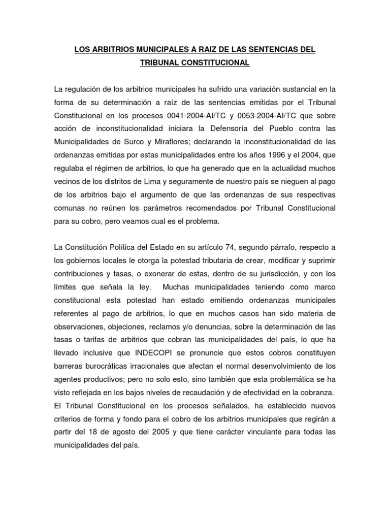 Los Arbitrios Municipales A Raiz de Las Sentencias Del Tribunal Constitucional | PDF ...