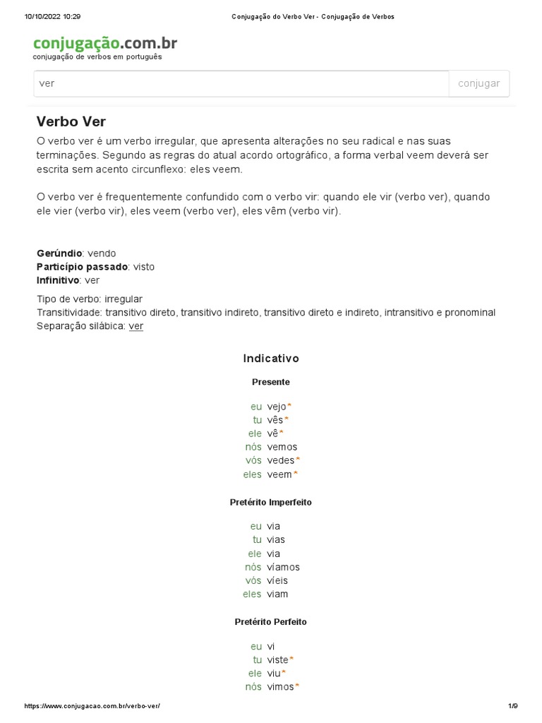 Conjugação Do Verbo Ver - Conjugação de Verbos Verbo Irregular 6º Ano ...