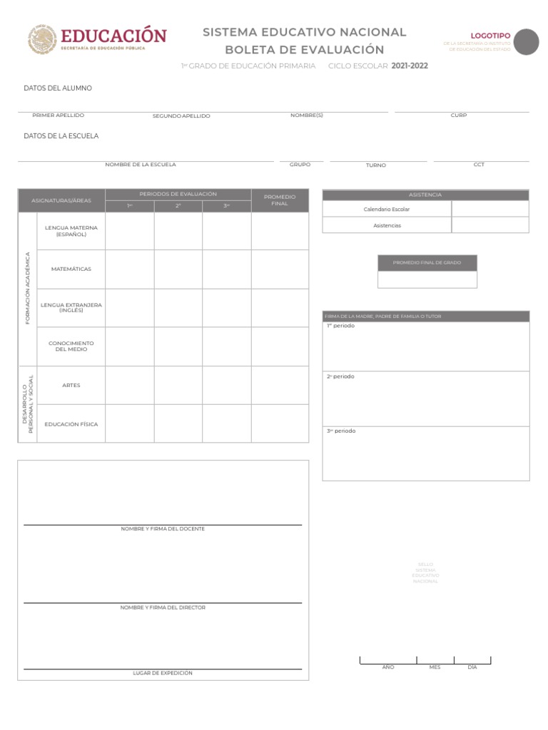 Boleta de Evaluación 1er Grado Primaria | PDF
