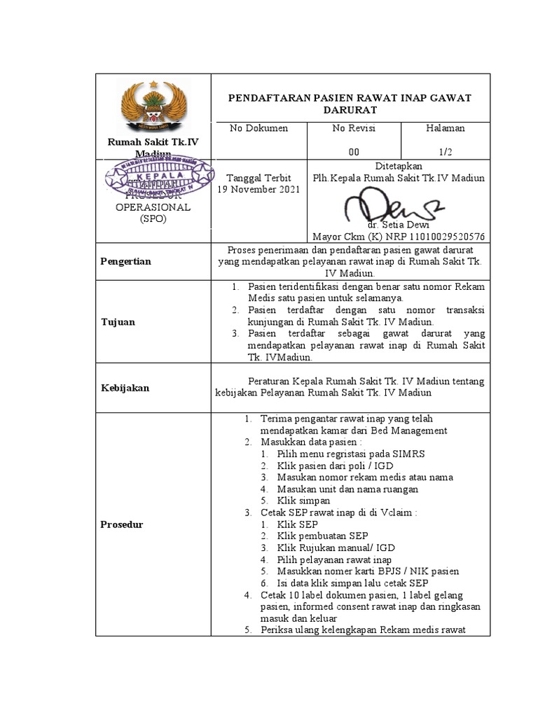 Sop Penerimaan Pasien Rawat Inap BPJS | PDF | Pengelolaan Keuangan & Uang
