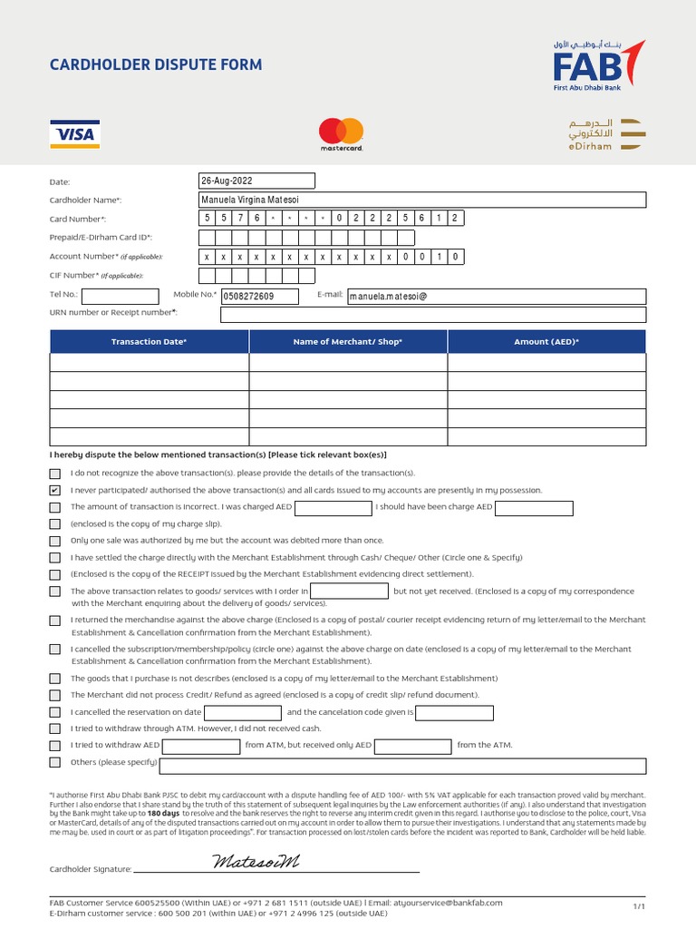 FAB Cardholder Dispute Form | PDF | Credit Card | Business