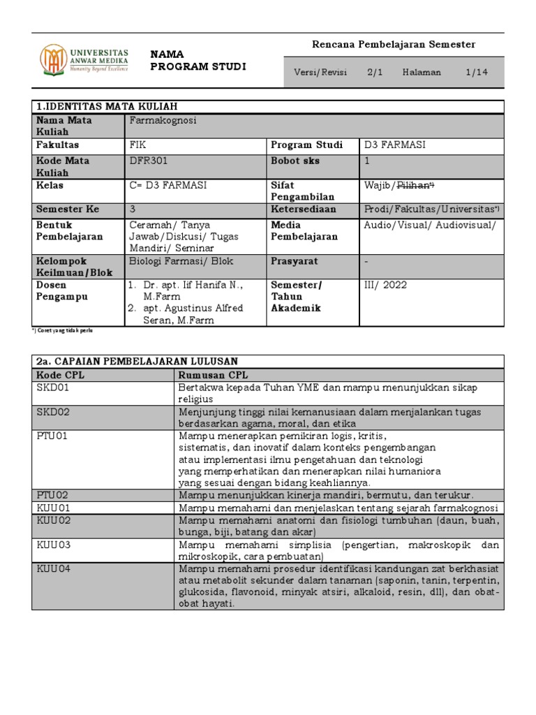 RPS Farmakognosi D3 Farmasi | PDF | Sains & Matematika