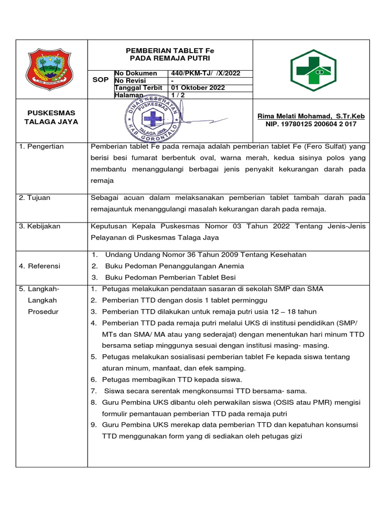 SOP Pemberian Tablet Fe | PDF