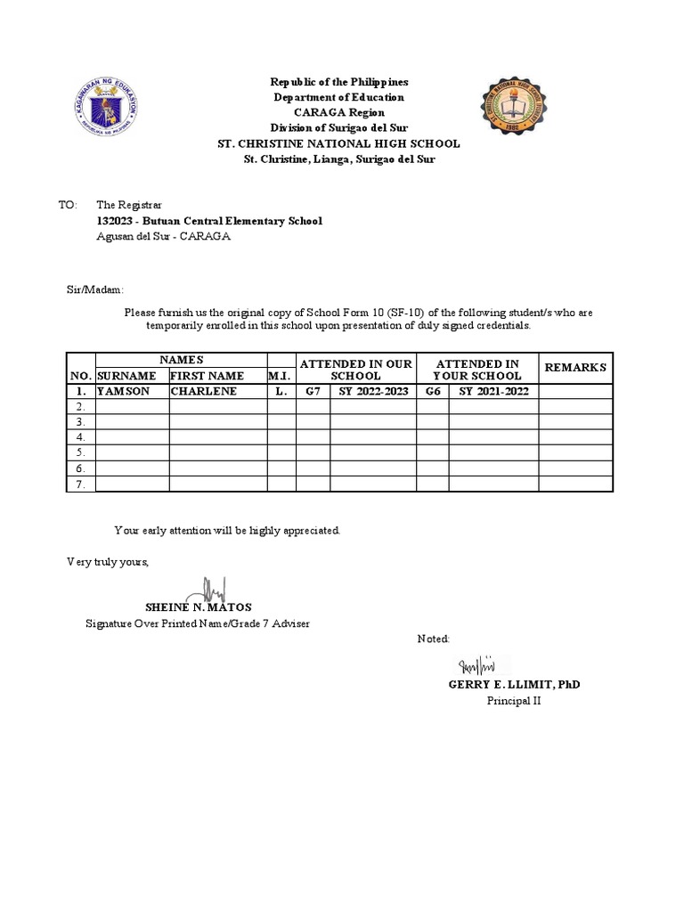 SF10 Request Form - QUISTADIO, LAWRENCE S. | PDF | Social Institutions ...