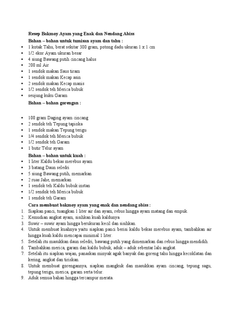 Resep Bakmoy Ayam Yang Enak Dan Nendang Abiss | PDF