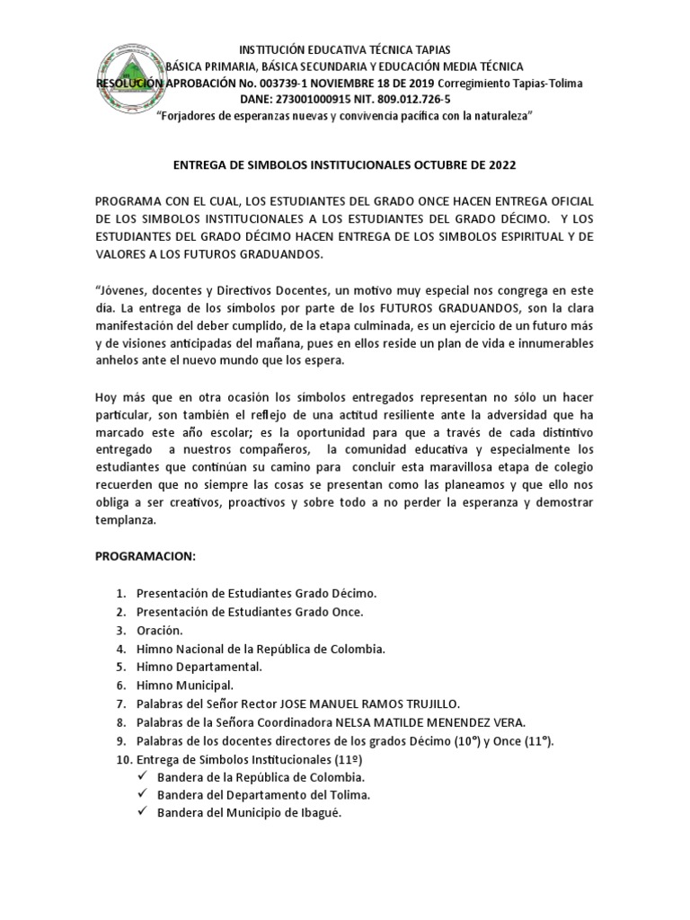 ENTREGA DE SIMBOLOS INSTITUCIONALES IET Tapias Oct. 2022 | PDF ...