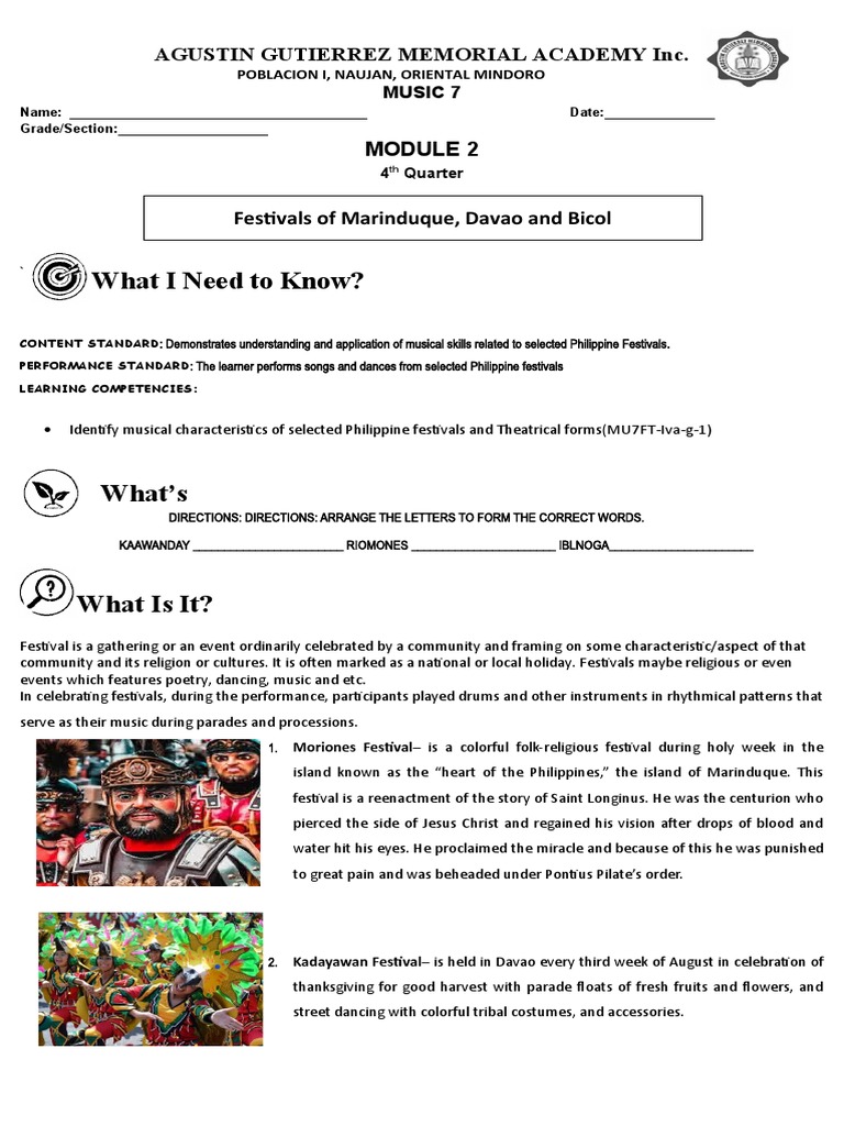 MUSIC 7 q4 Module 2 | PDF | Festival