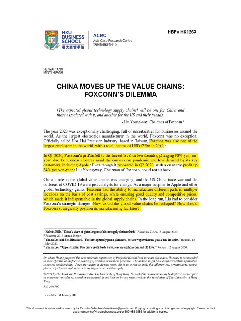 Week 3 - China Moves Up The Value Chains Foxconn's Dilemma | PDF ...