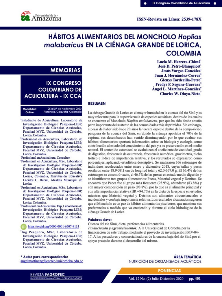 Hábitos Alimentarios Del Moncholo en La CGL, Colombia-CCA 2020 | PDF ...