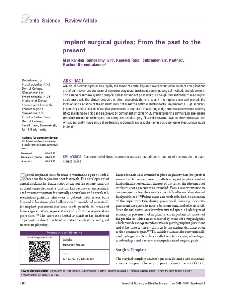 Implant Surgical Guides From The Past To The Present | PDF | Dental Implant | Dentures
