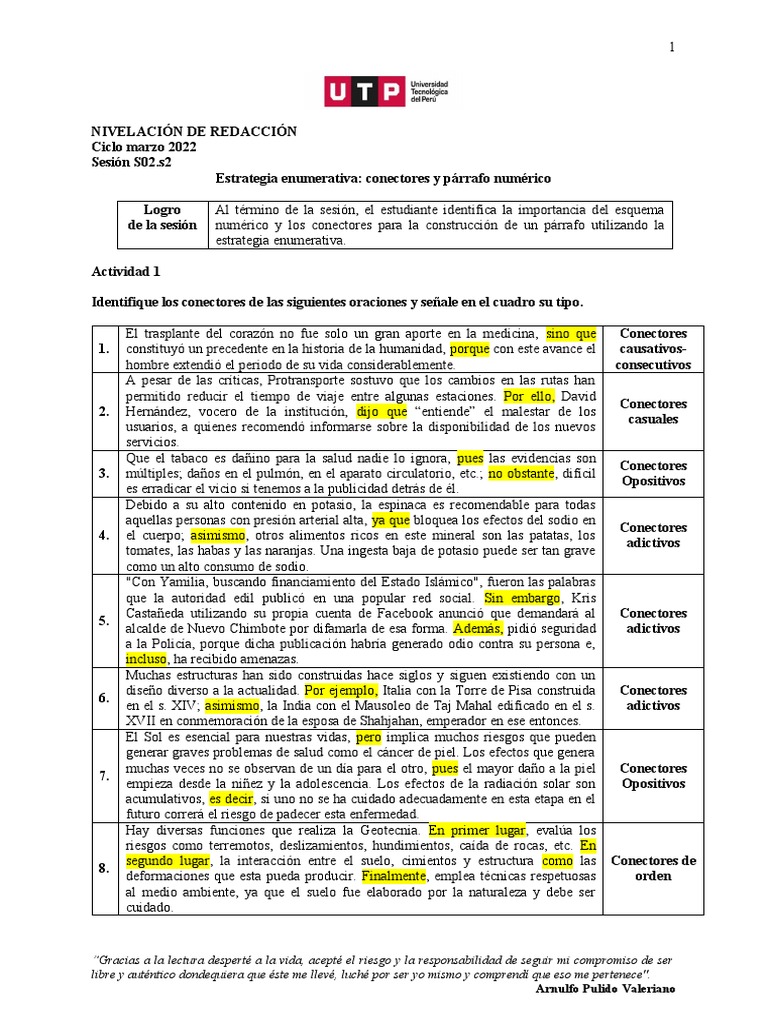 S02.s2 - Resolver Ejercicios - Conectores y Párrafo Numérico - Marzo 2022 | PDF | Aprendizaje