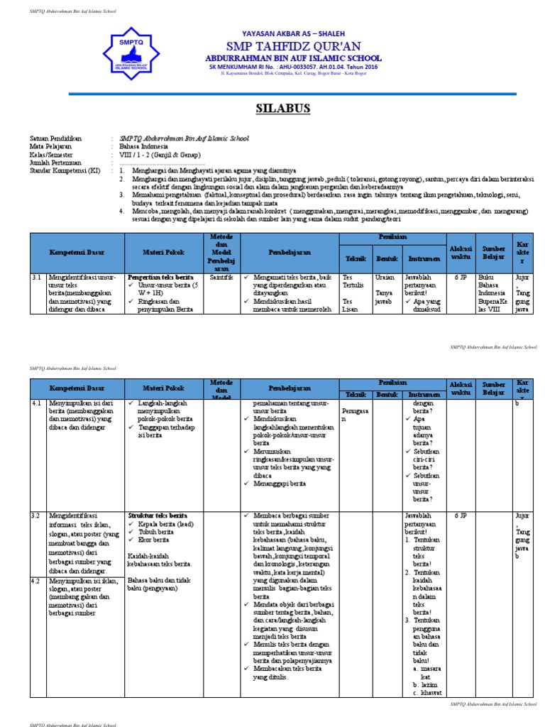 Silabus Bahasa Indonesia Kelas 8 SMT 1 Dan 2 | PDF