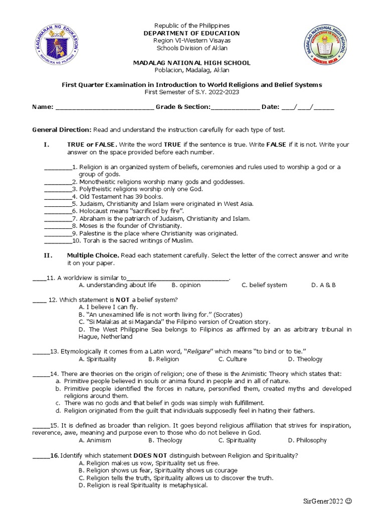 First Quarter Examination - IWRBS | PDF | Monotheism | God