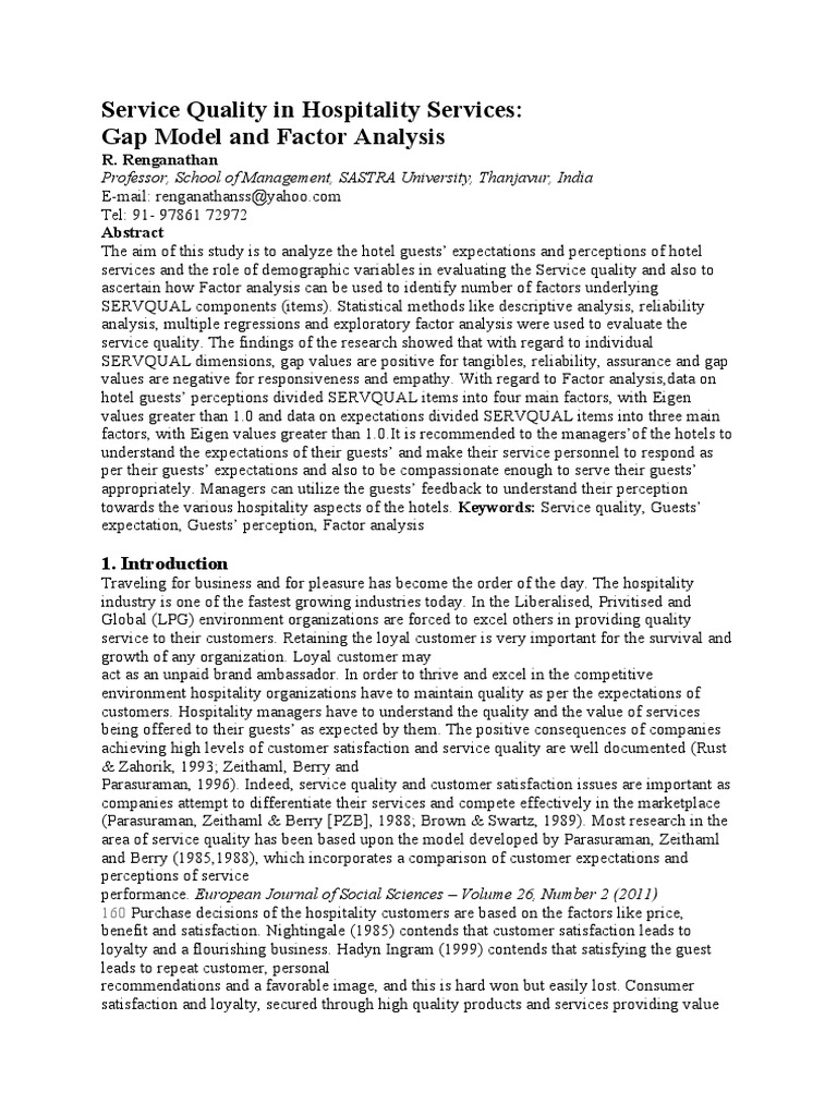 Service Quality in Hospitality Services VV | PDF | Factor Analysis ...