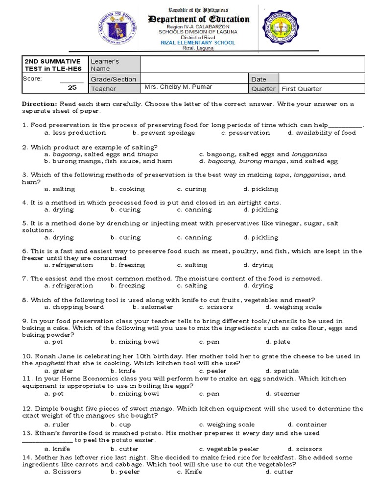 TLE Food Preservation Summative Test | PDF | Food Preservation | Foods