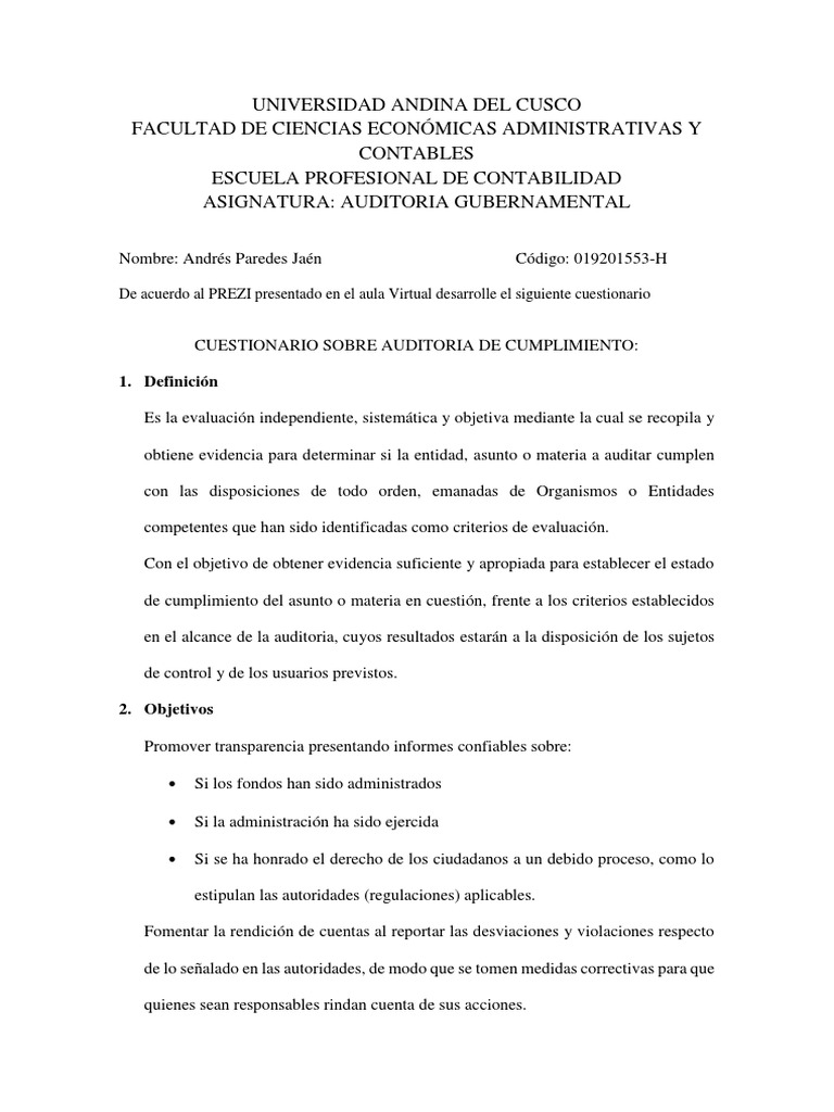 Cuestionario Auditoria de Cumplimiento | PDF | Auditoría | Business