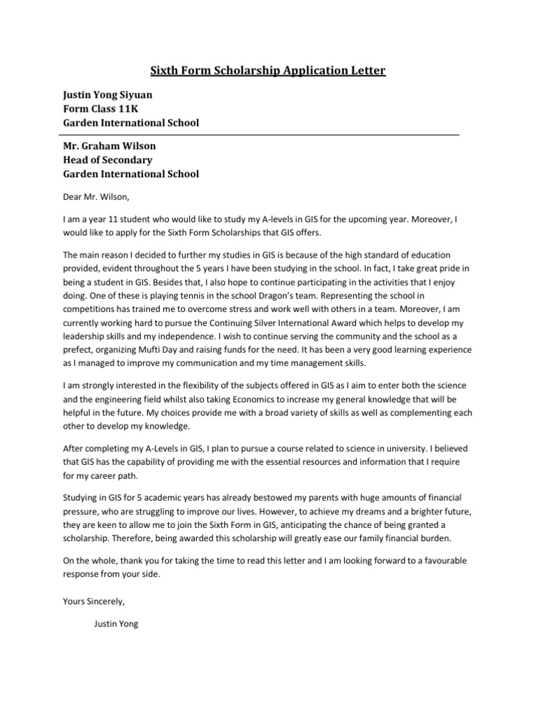 Sixth Form Scholarship Application Letter | PDF | Wellness