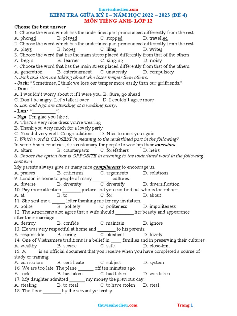De Thi Giua HK1 Mon Tieng Anh 12 Nam 22 23 de 4 | PDF | Happiness