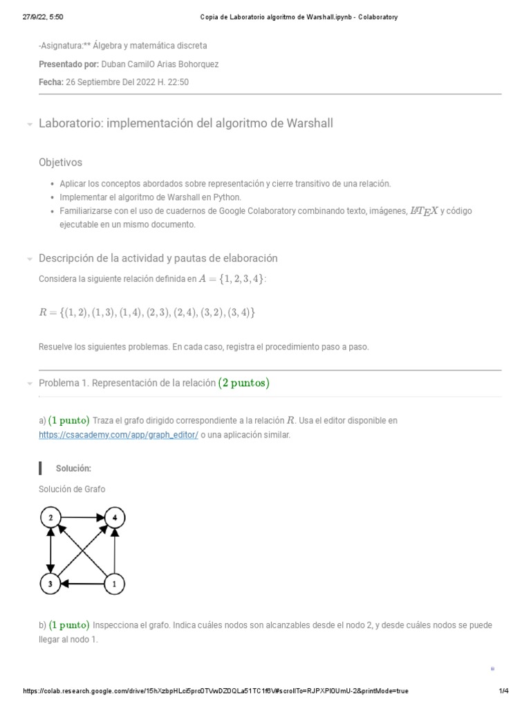 Laboratorio Algoritmo de Warshall - Ipynb - Colaboratory | PDF | Algoritmos | Informática