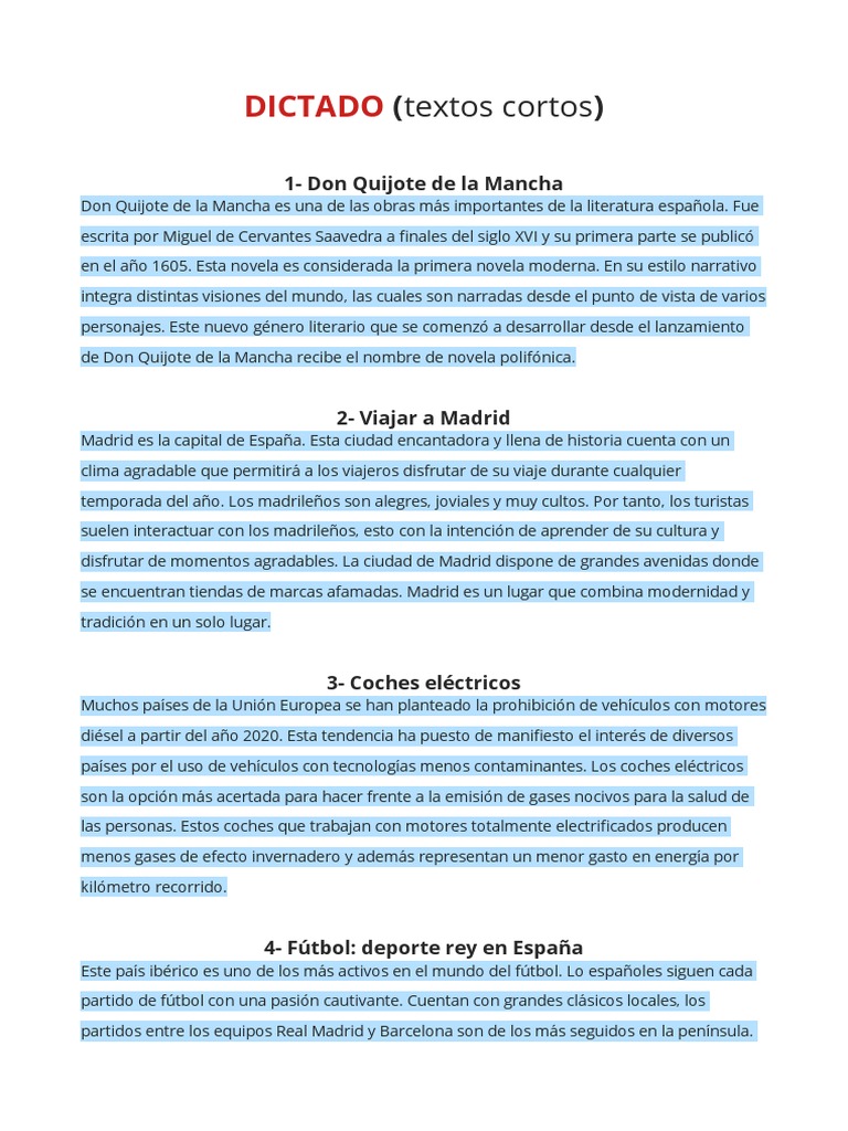 Textos Cortos para Dictado en Español | PDF | España | Madrid