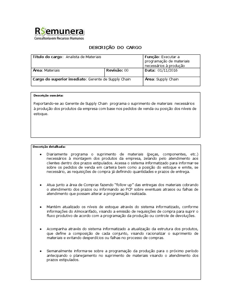 Analista Materiais | PDF | Cadeia de suprimentos | Aquisição