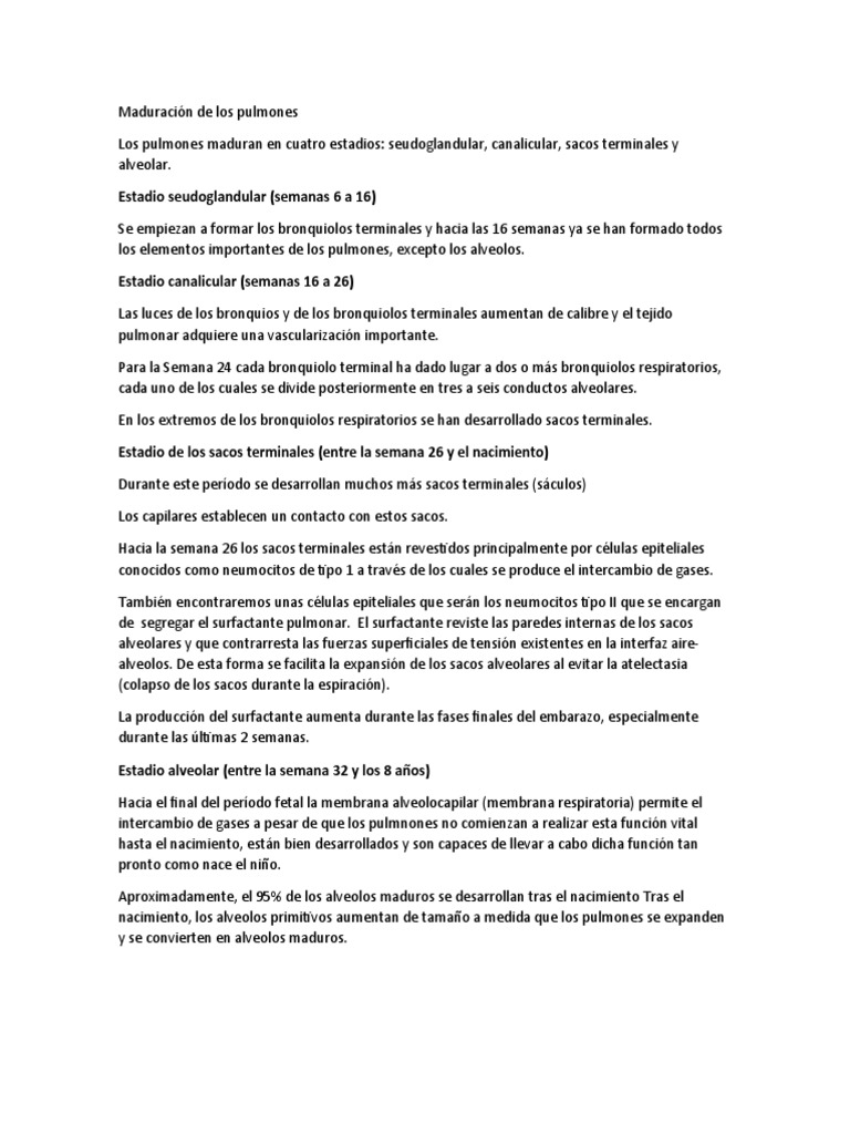 Estadios de maduración pulmonar fetal | PDF | Pulmón | Medicina CLINICA