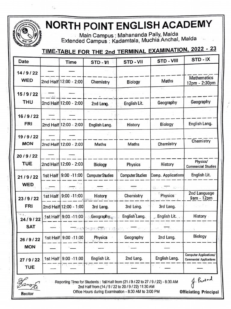 TIME - TABLE For 2nd Term Exam | PDF | Science