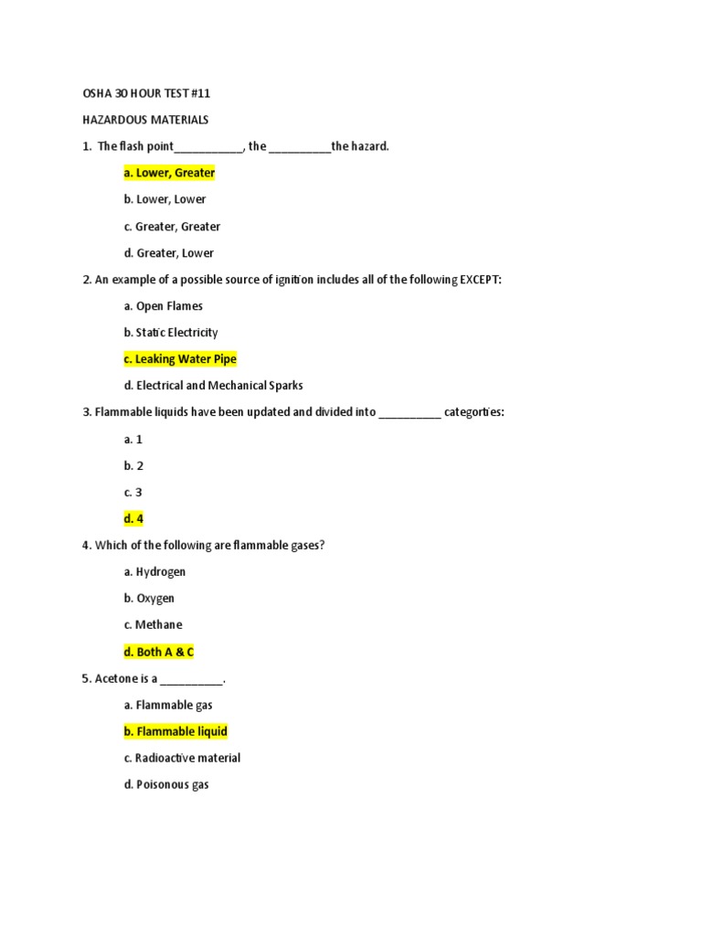 Osha 30 Hour Test #11 | PDF
