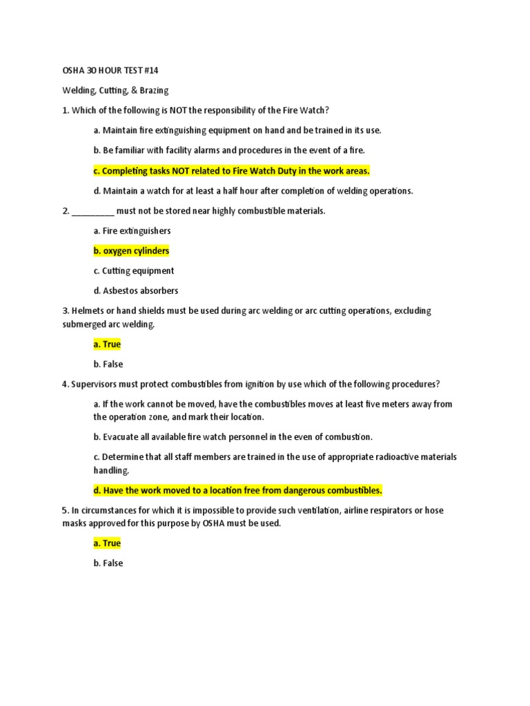 Osha 30 Hour Test #14 | PDF