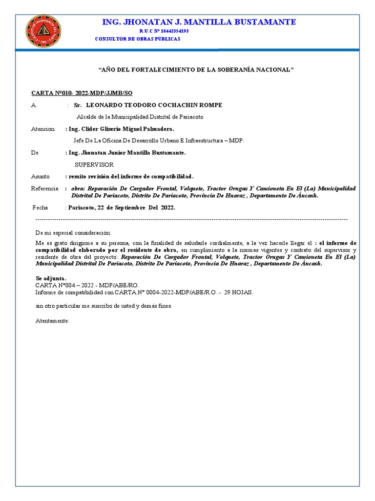 Carta #009-2022 - Requerimineto Tractor Oruga D6M - Servicio.-1 | PDF