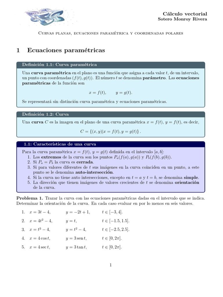 1 Ecuaciones Paramétricas: Definición 1.1: Curva Paramétrica | PDF ...