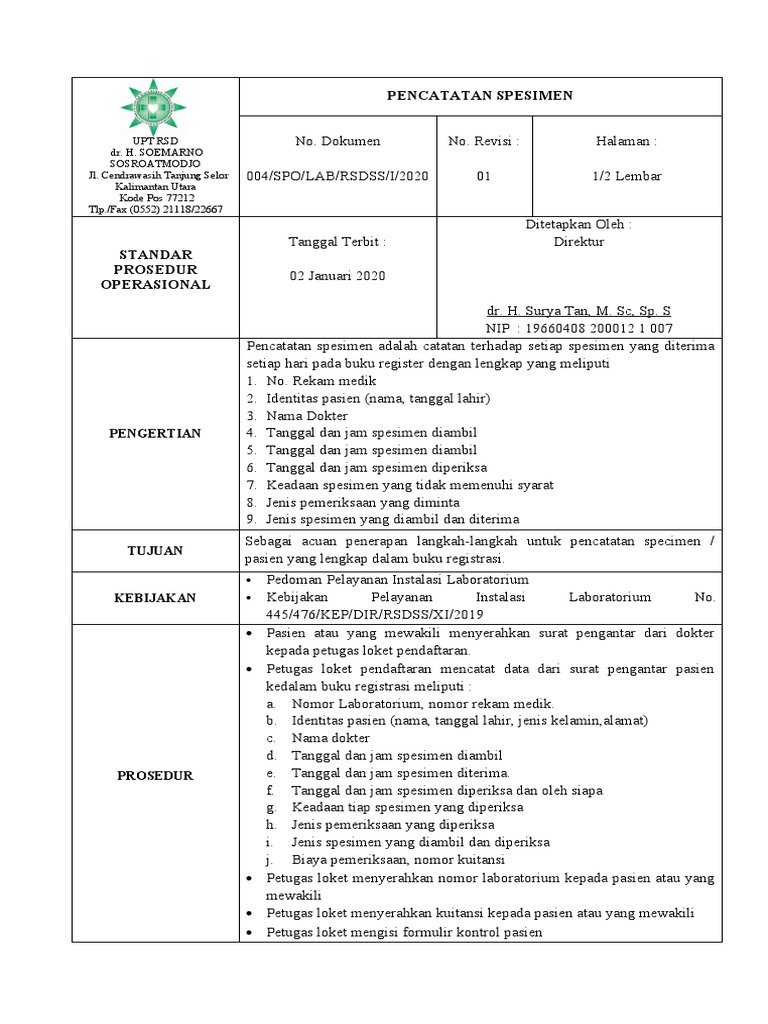 Prosedur Pencatatan Spesimen Laboratorium | PDF