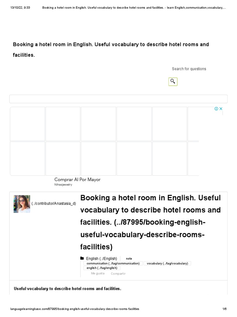 Booking A Hotel Room in English. Useful Vocabulary To Describe Hotel ...