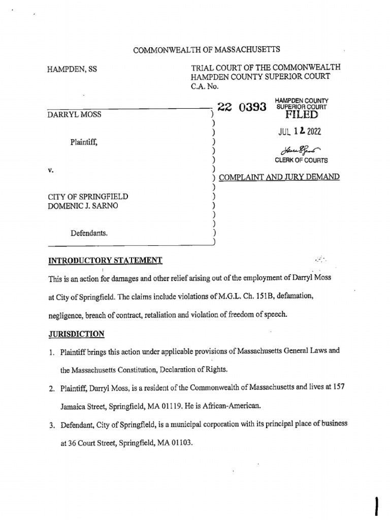 Darryl Moss's Complaint Against The City of Springfield & Mayor Domenic ...