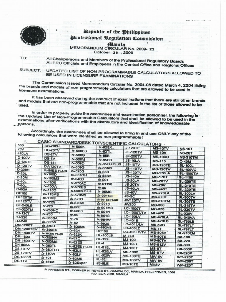 Calculator Memo. Circular 2009-21 List of Calculators | PDF