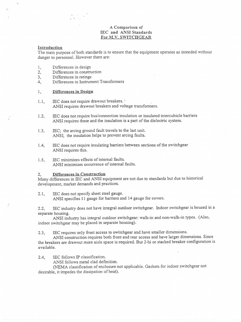 A Comparison of IEC and ANSI Standards For MV Switchgear | PDF
