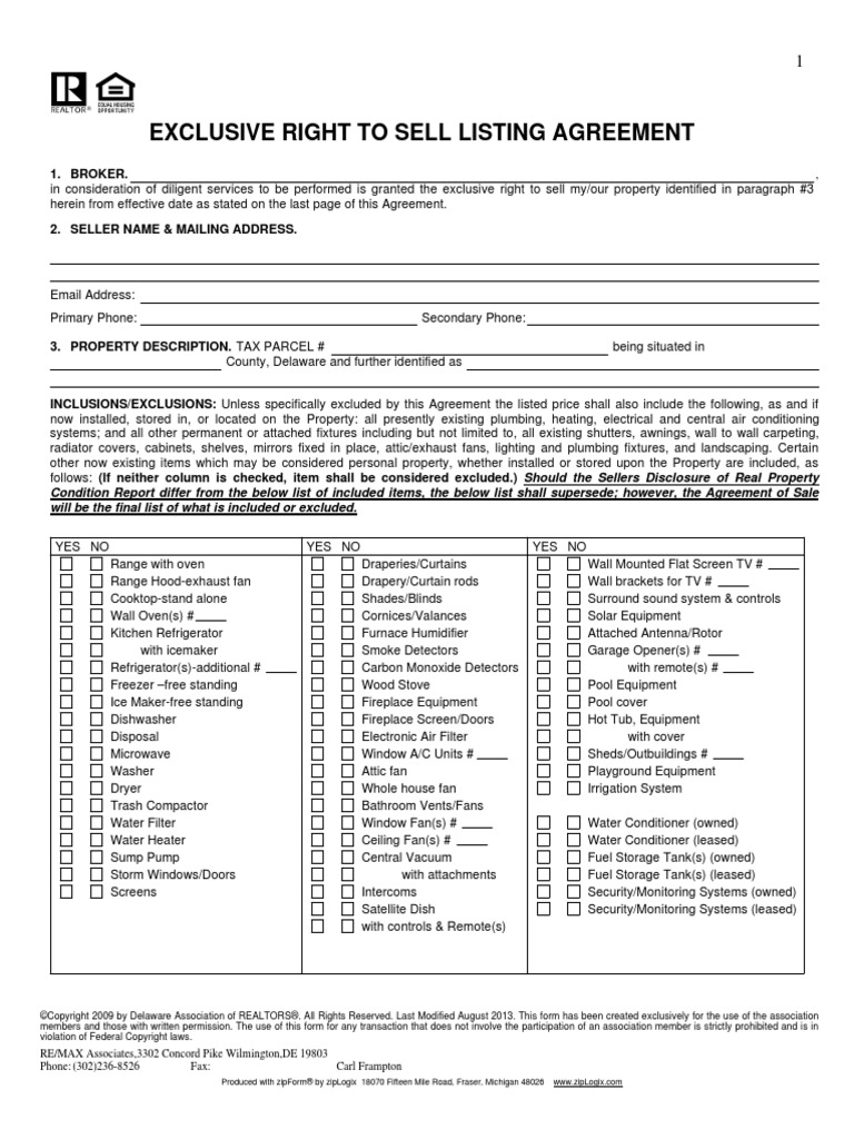 Exclusive Right To Sell Listing Agreement: Broker. 1 | PDF | Sales ...